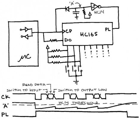 Reading Inputs From Shift Registers Using Just One Single Pin | Hackaday