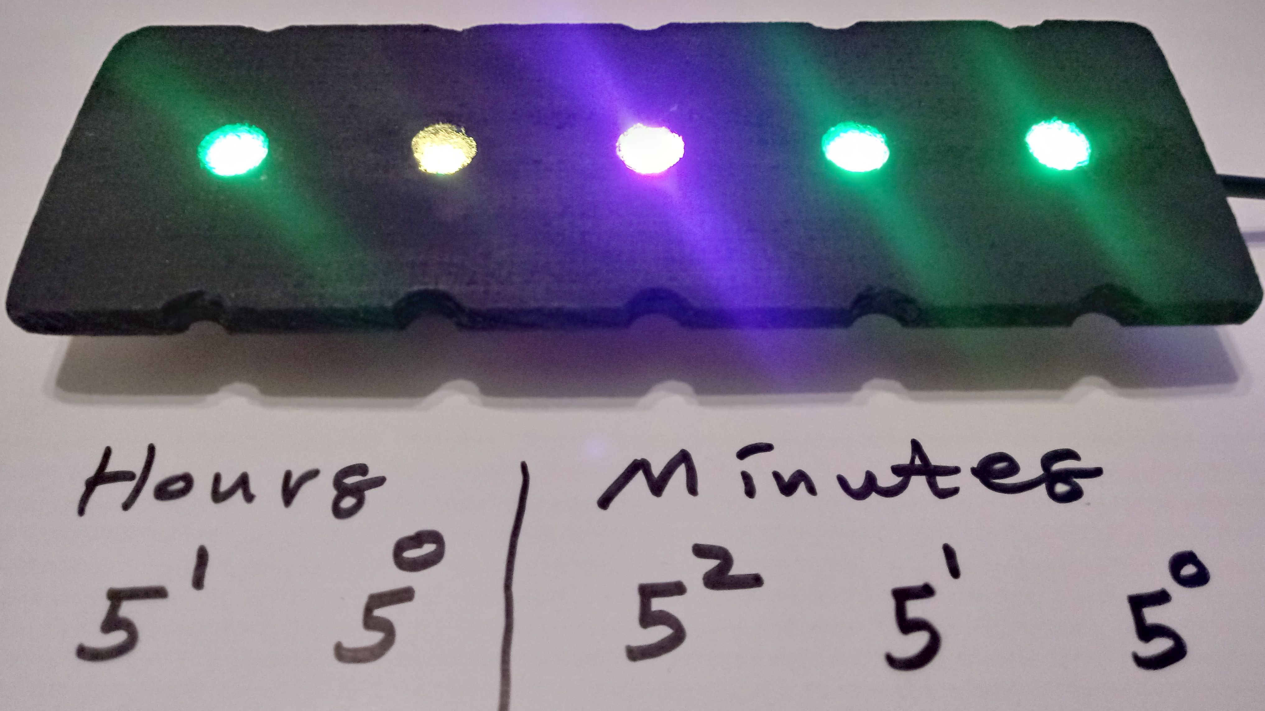 Colorful Quinary Clock Makes The Most Out Of Five Neopixels | Hackaday